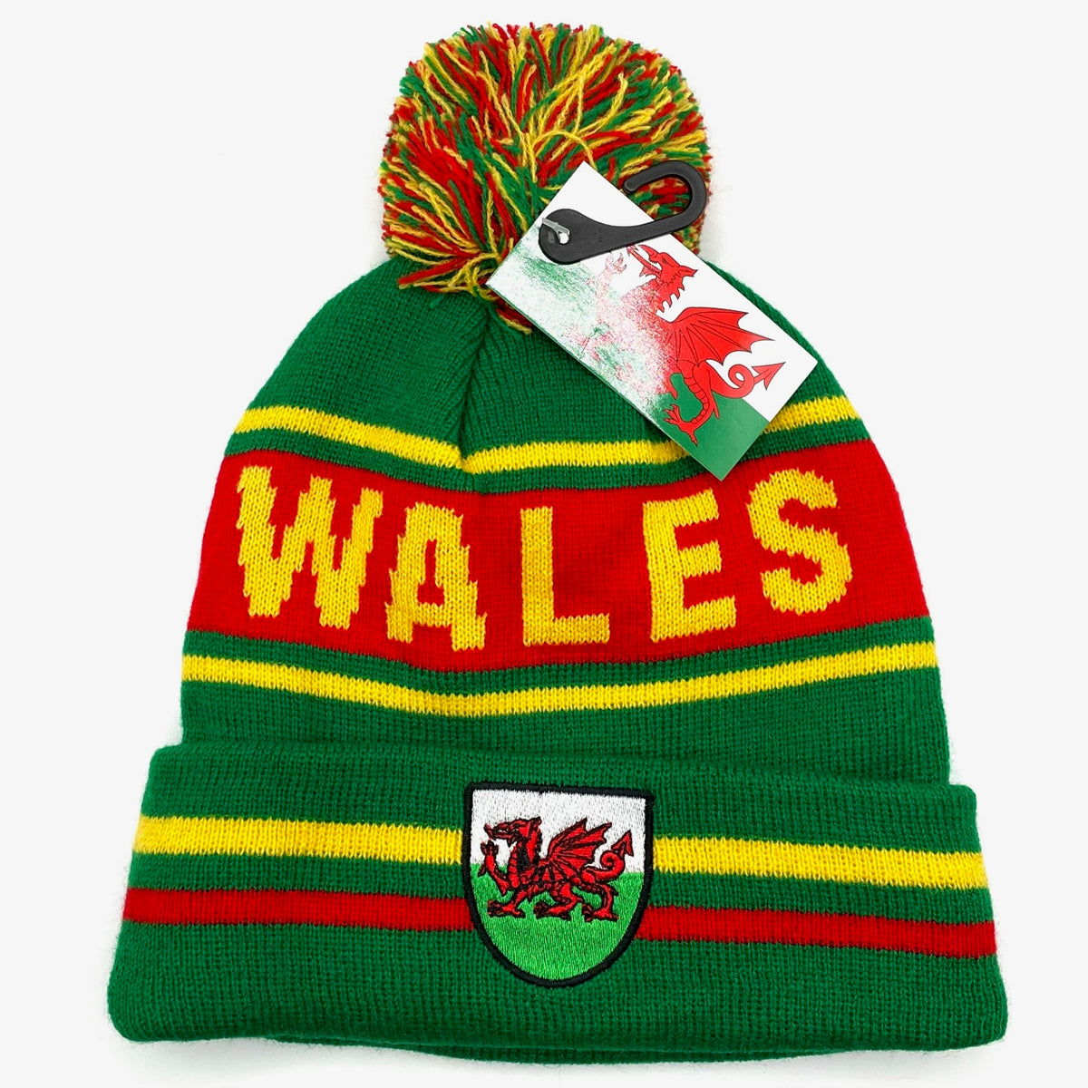 Green Gold Stripe WALES Shield Bobble Hat — Just Wales